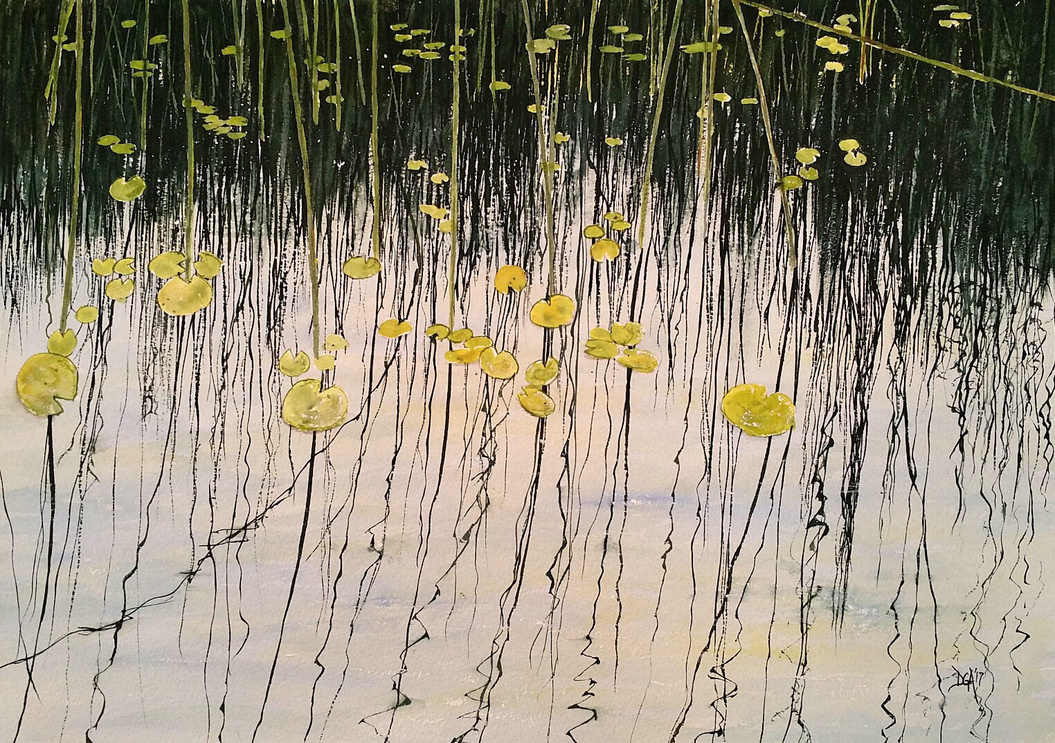 Watercolor Lily Pond Reflections - Watercolors by Donnell Anderson